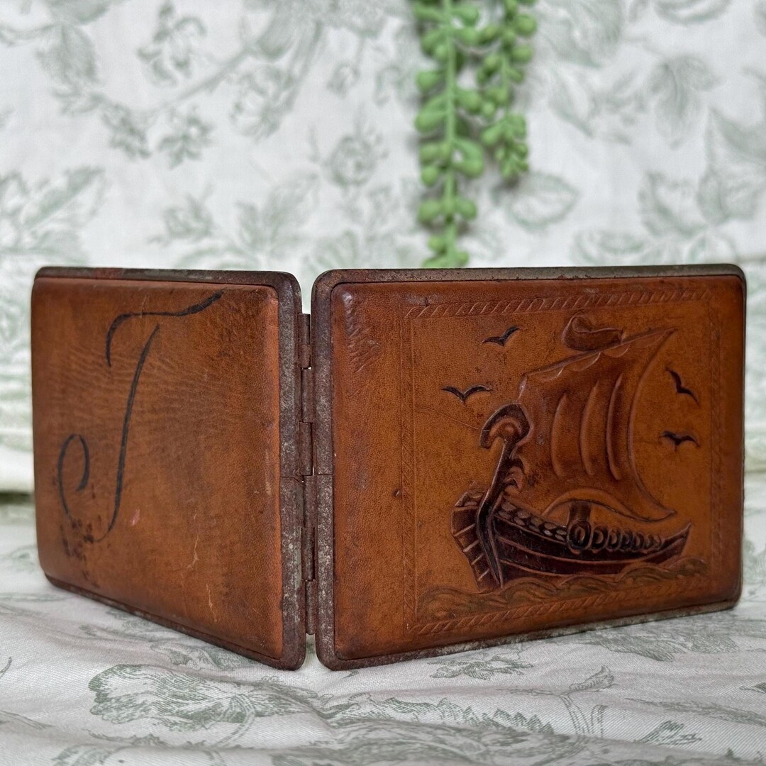 Vintage Leather Cigarette Case With Viking Ship Design | Tooled Leather ...