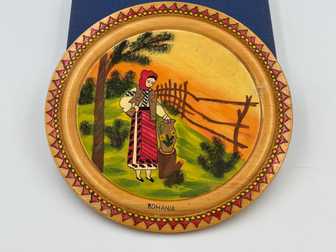 Vintage Romanian Hand-painted Wood Plate – Folk Art Wall Decor With ...