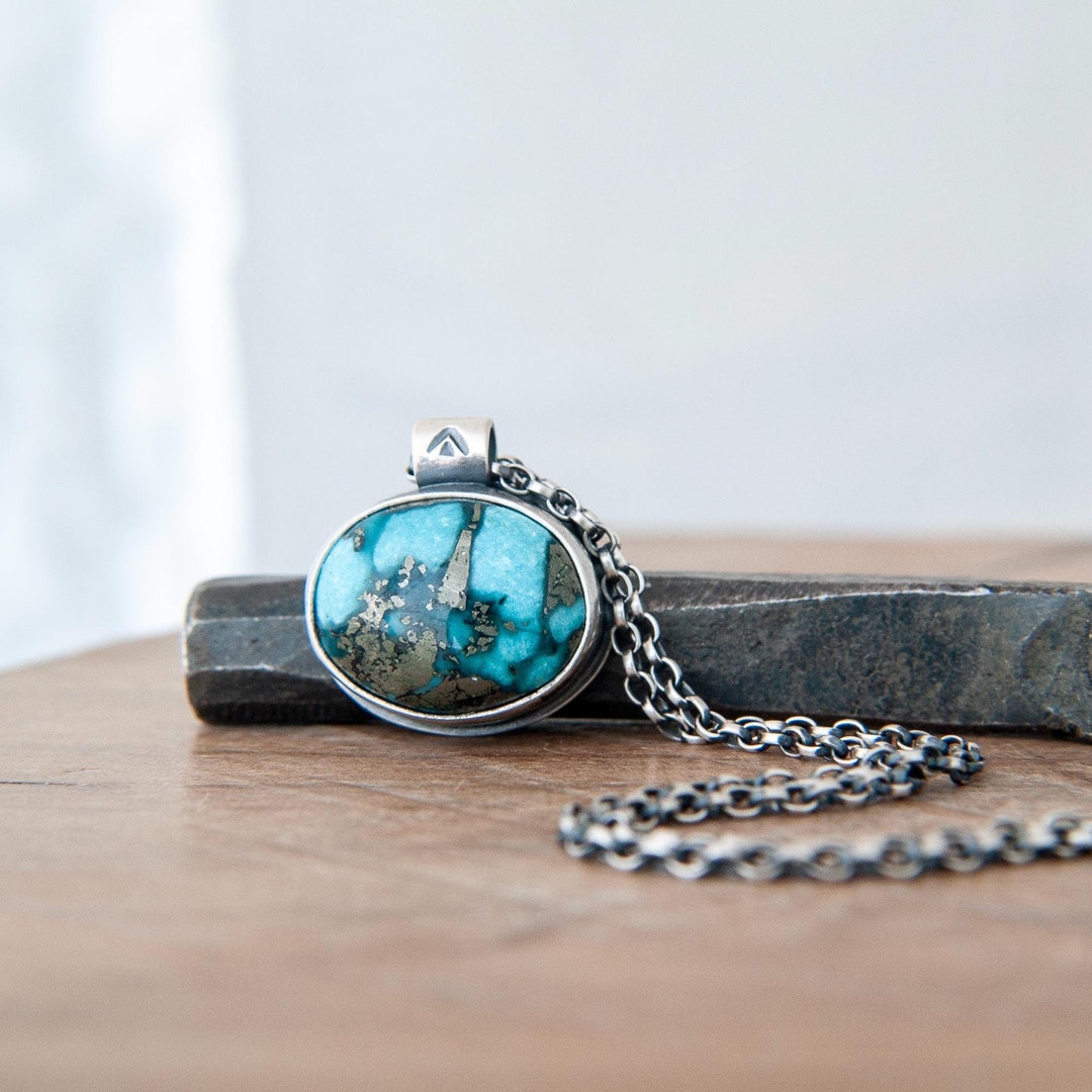 Natural Pyrite Turquoise Oval Pendant in Oxidised Sterling Silver ...