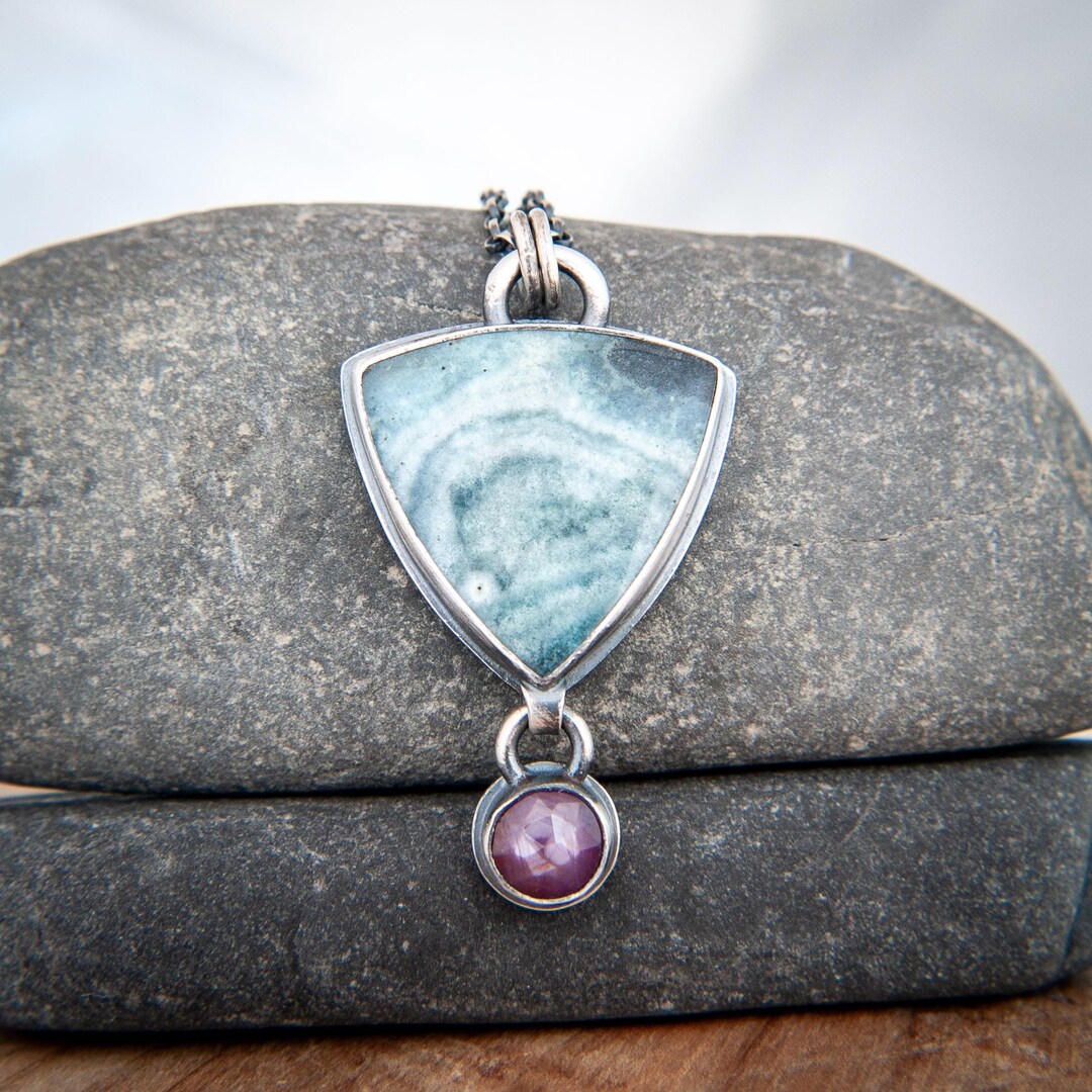 Petrified Wood Trillion With Faceted Natural Ruby Charm ~ Sterling Silver Pendant ~ Oxidised and ...