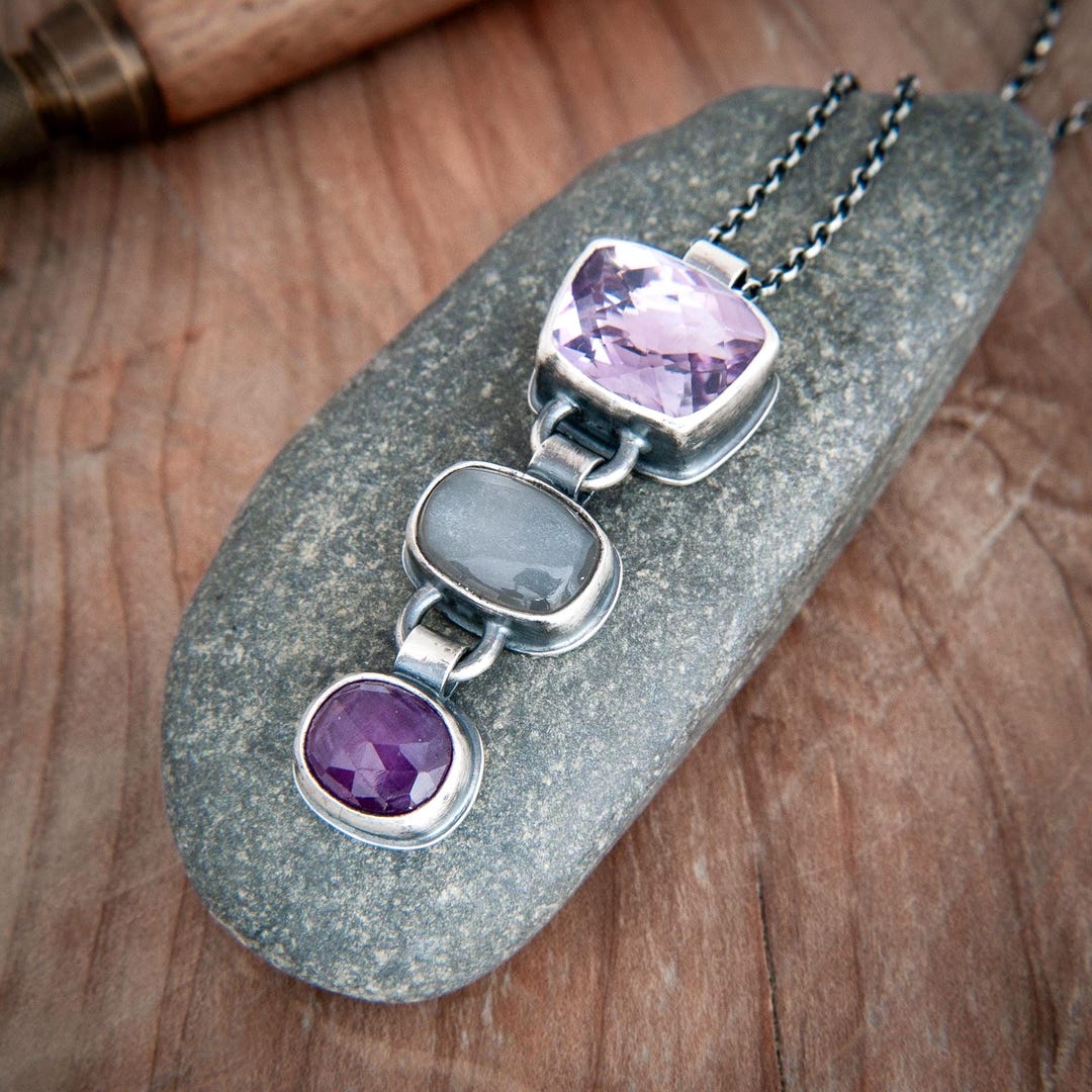 Amethyst, Grey Moonstone and Natural Ruby in Hand Forged Oxidised Sterling Silver Settings, Hand ...