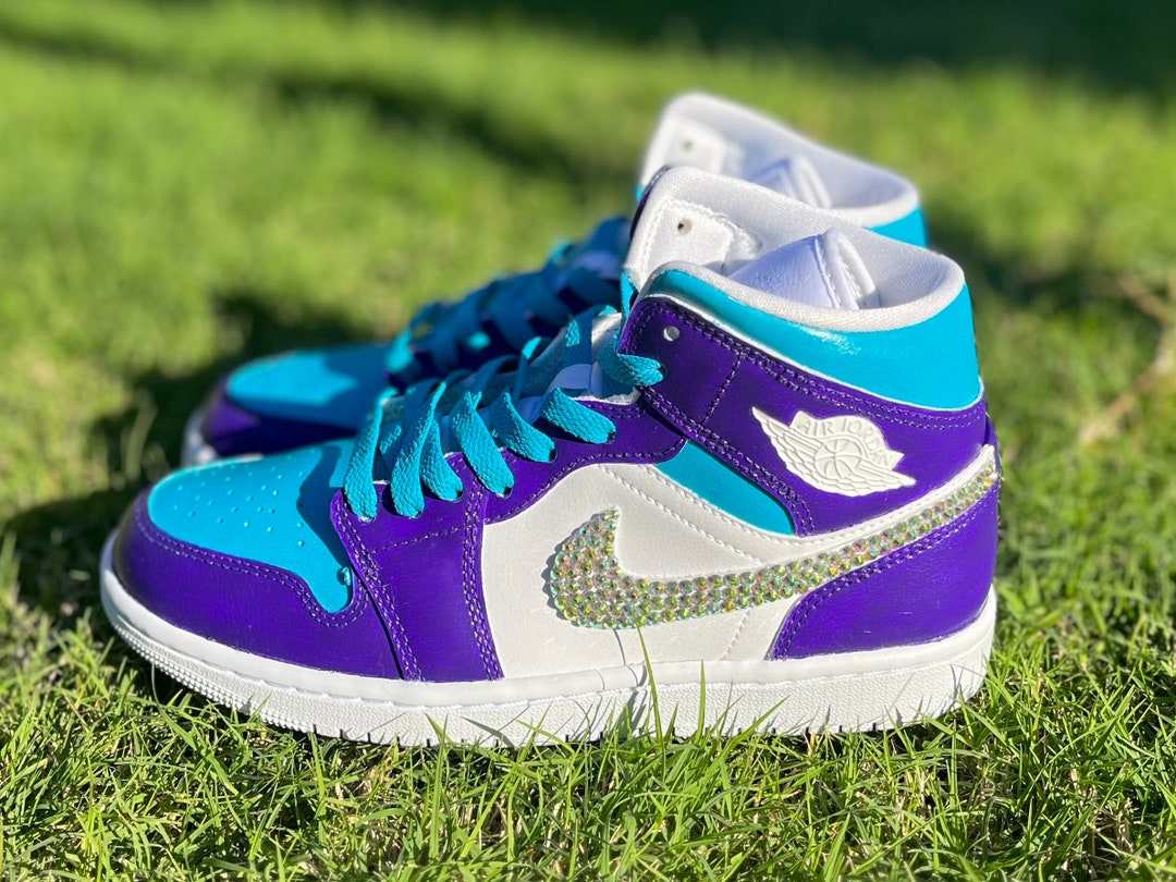 Custom Purple and Turquoise Nike Air Jordans With Crystal Rhinestones ...