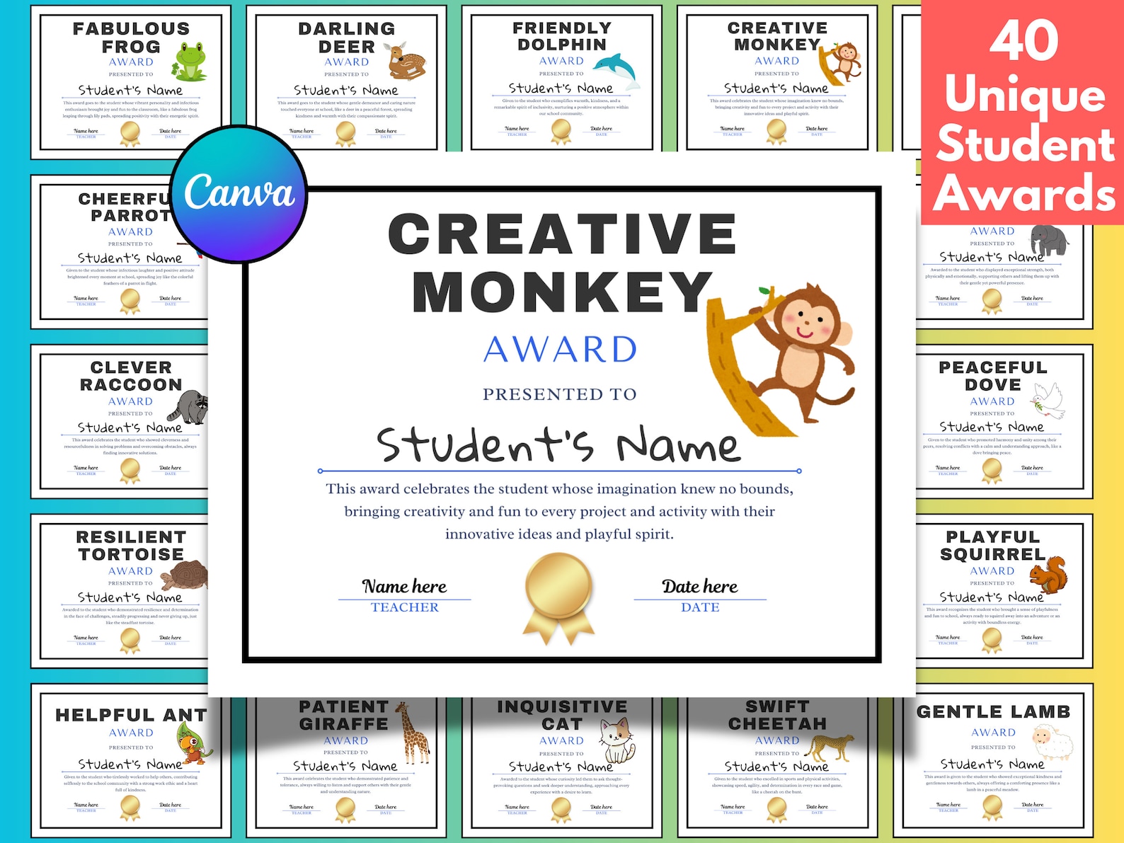 40 Animal Themed Student Award Certificates, Classroom End of Year ...