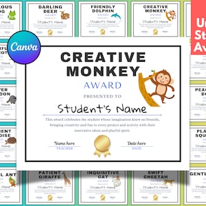 40 Animal Themed Student Award Certificates, Classroom End of Year ...