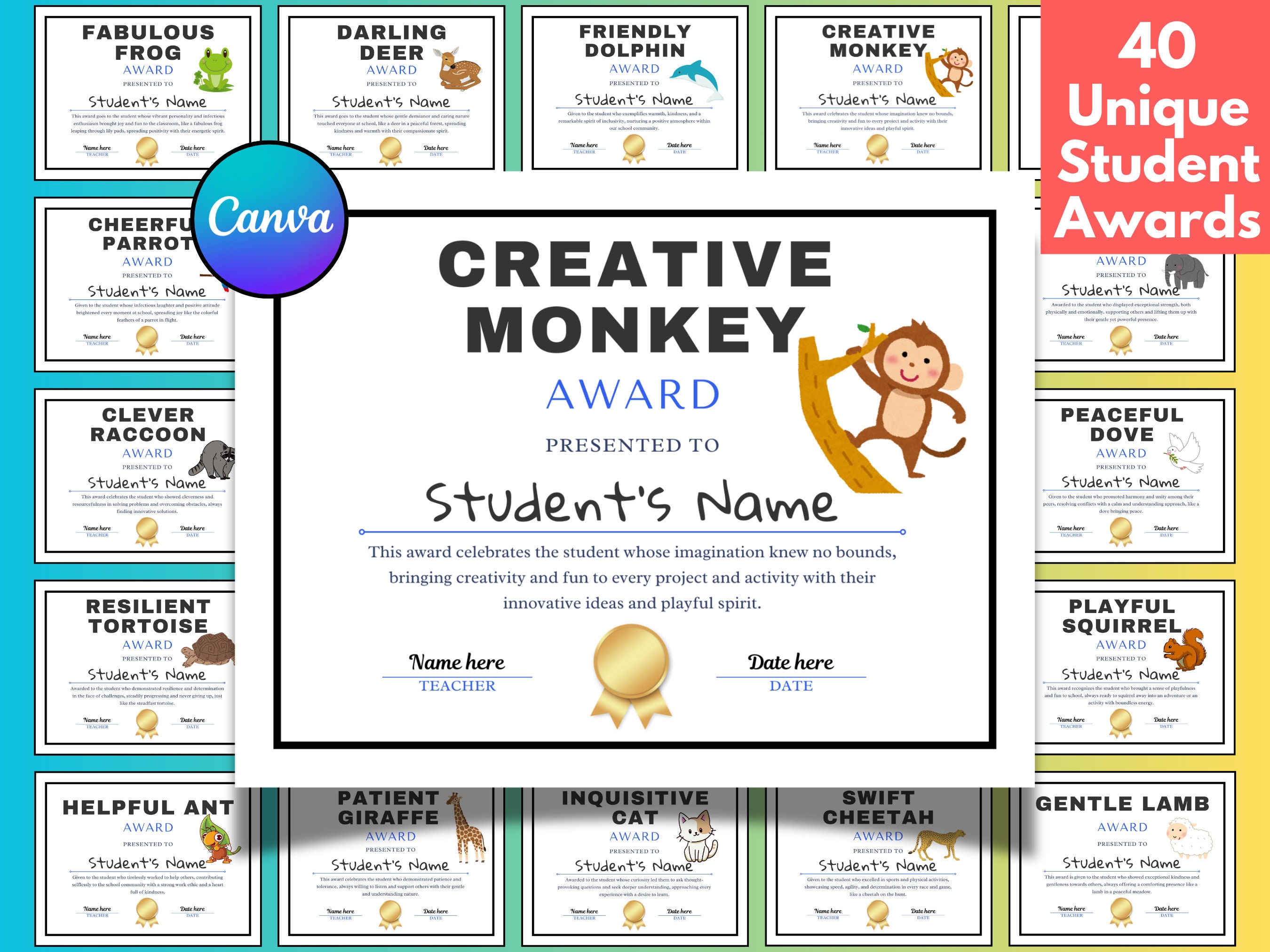 40 Animal Themed Student Award Certificates, Classroom End of Year ...