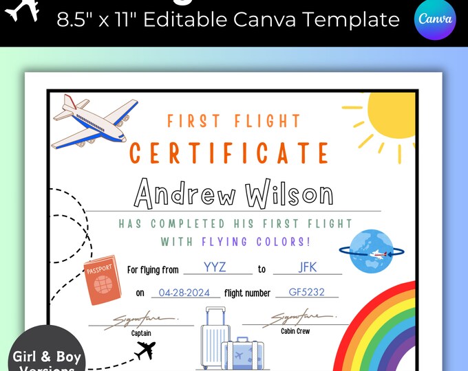 First Flight Certificate for Kids, Toddler's First Flight Award, First ...