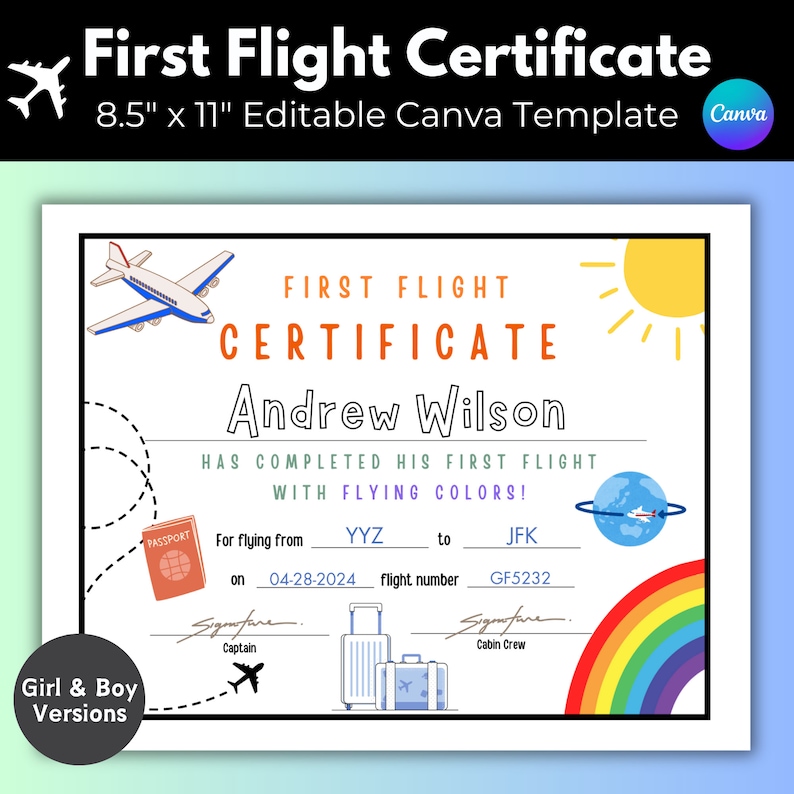 First Flight Certificate for Kids, Toddler's First Flight Award, First ...