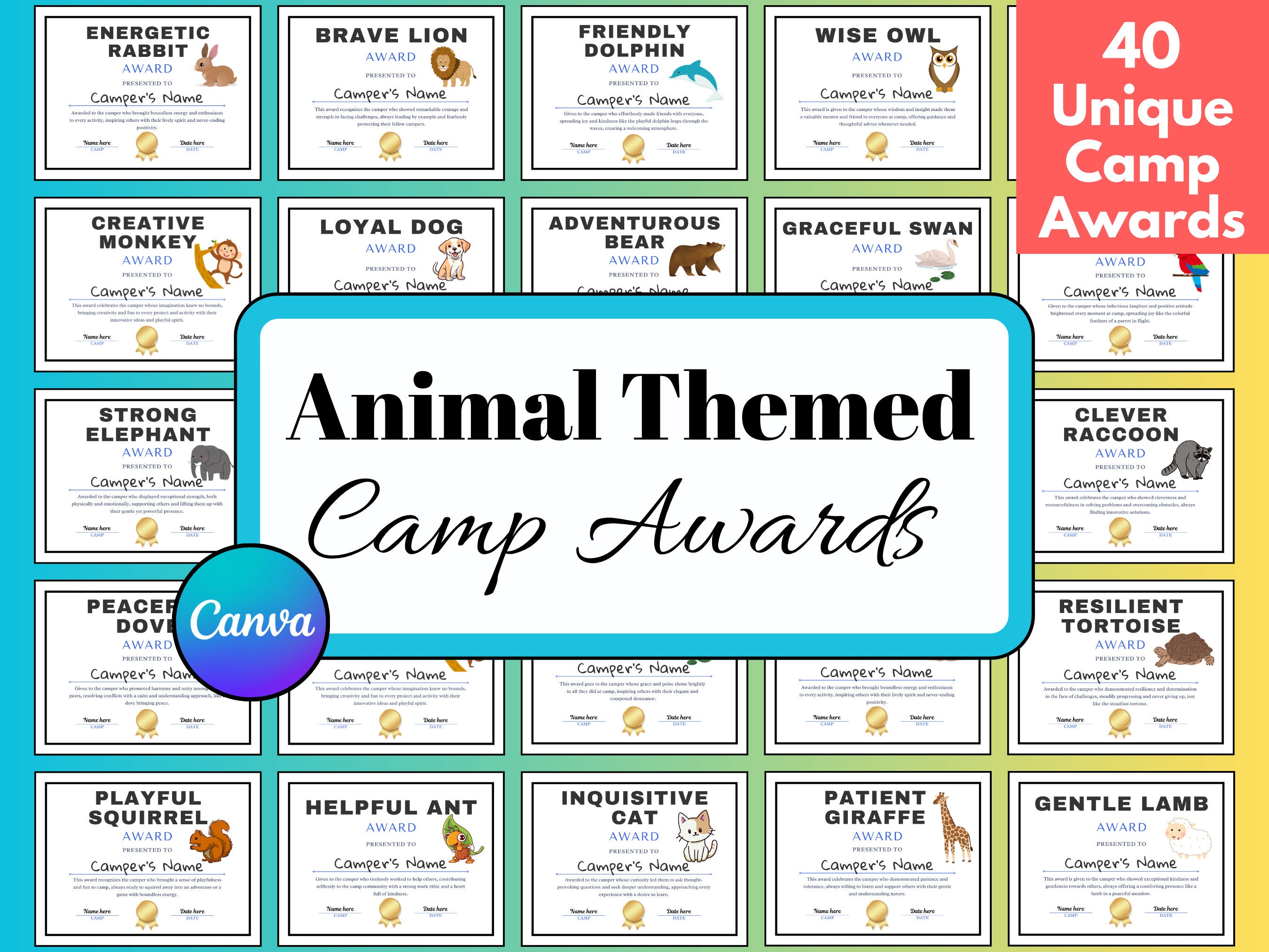 40 Customizable Camp Awards, Fun Animal Themed Personalized ...