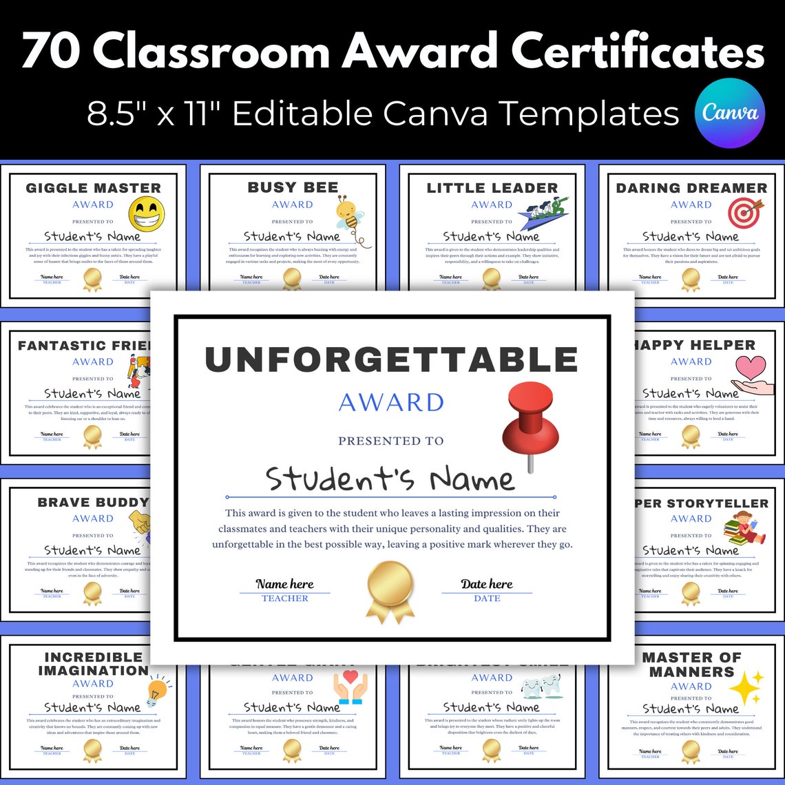 70 Student Award Certificates, Classroom End of Year Certificate ...