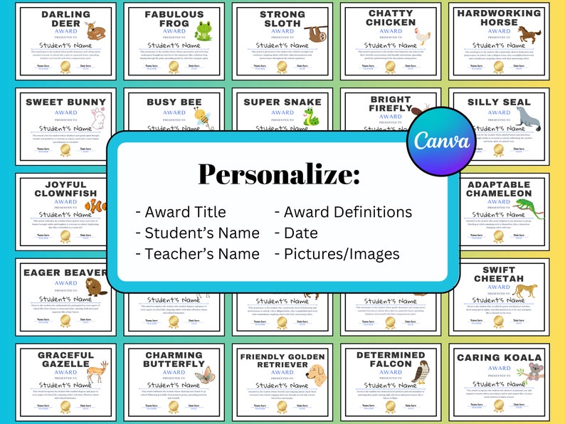 40 Animal Themed Student Award Certificates, Classroom End of Year ...
