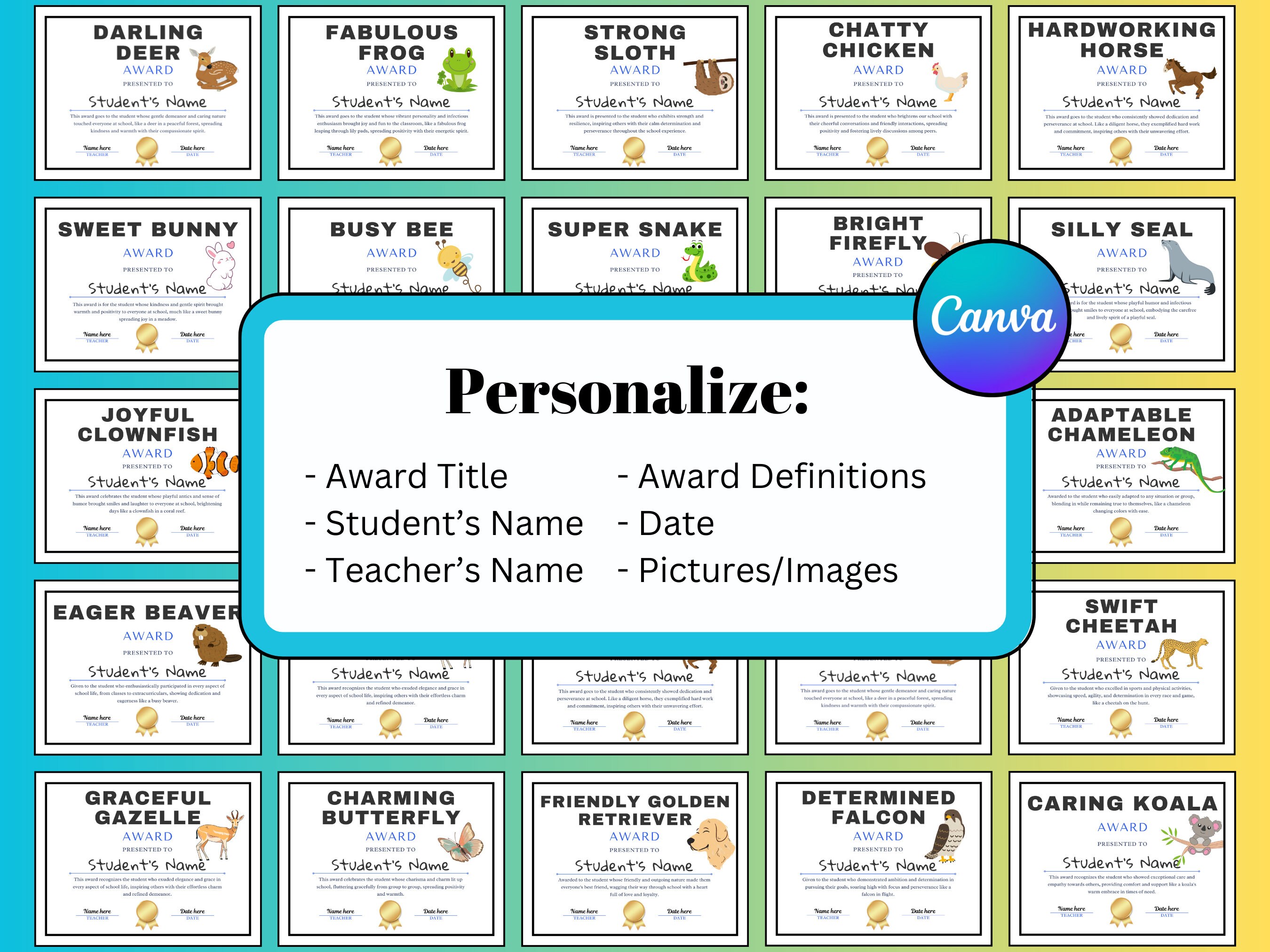 40 Animal Themed Student Award Certificates, Classroom End of Year ...