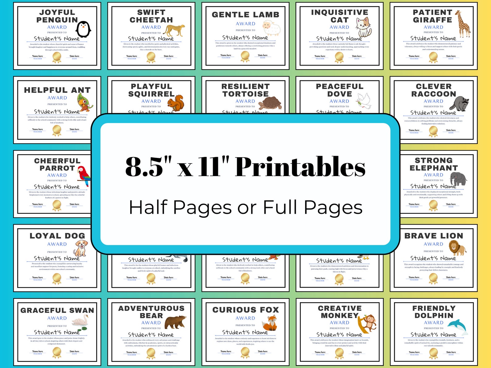 40 Animal Themed Student Award Certificates, Classroom End of Year ...