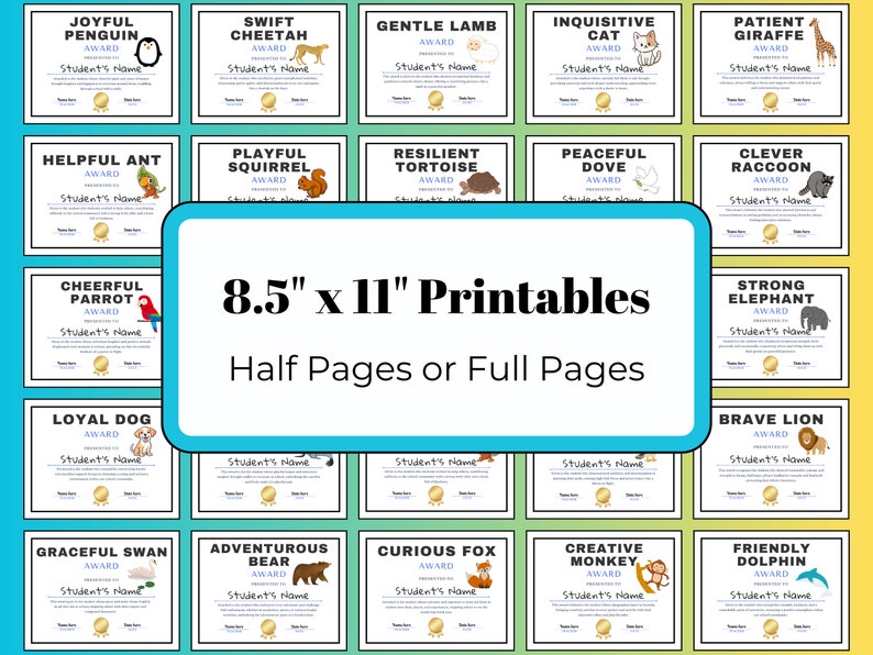 40 Animal Themed Student Award Certificates, Classroom End of Year ...