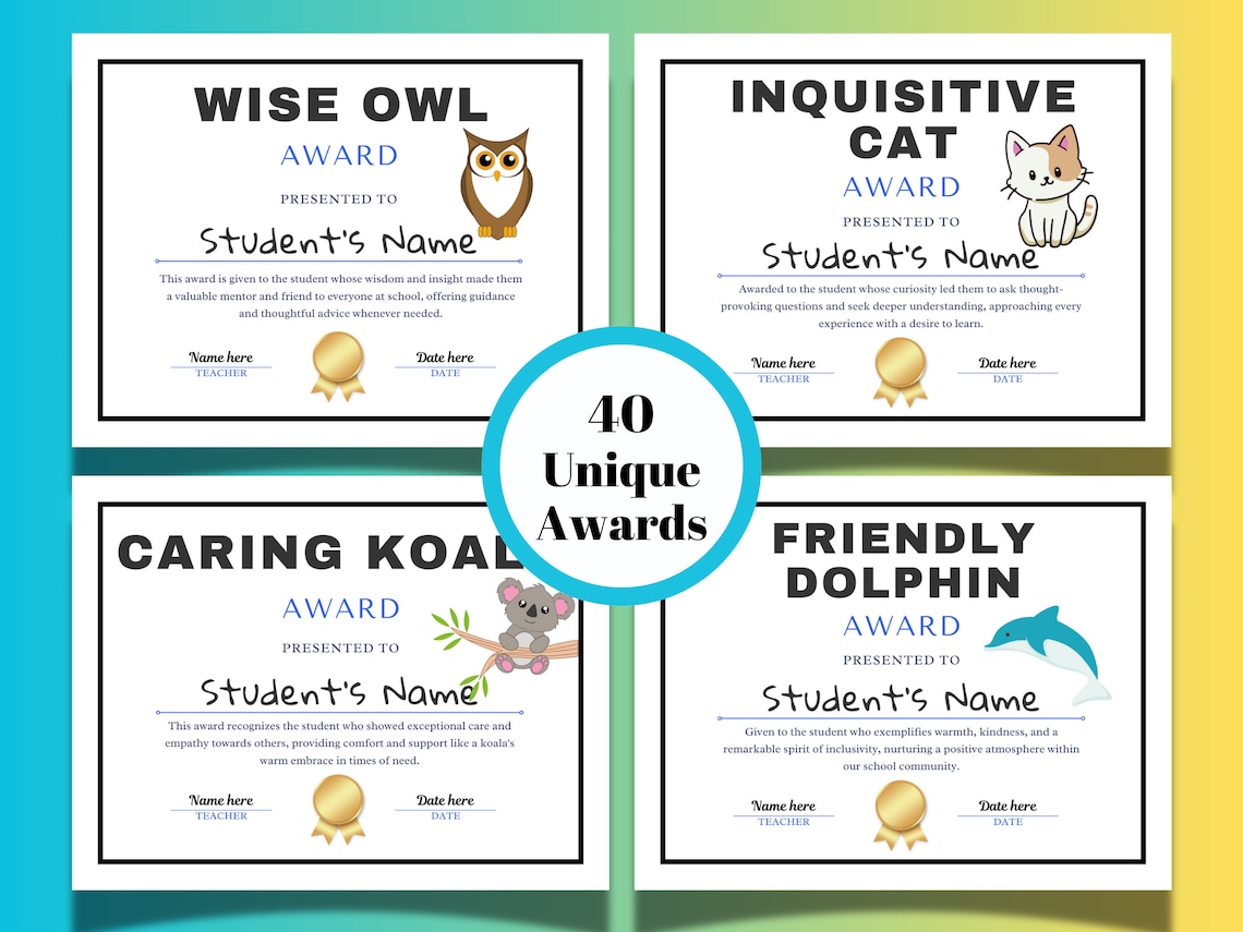 40 Animal Themed Student Award Certificates, Classroom End of Year ...