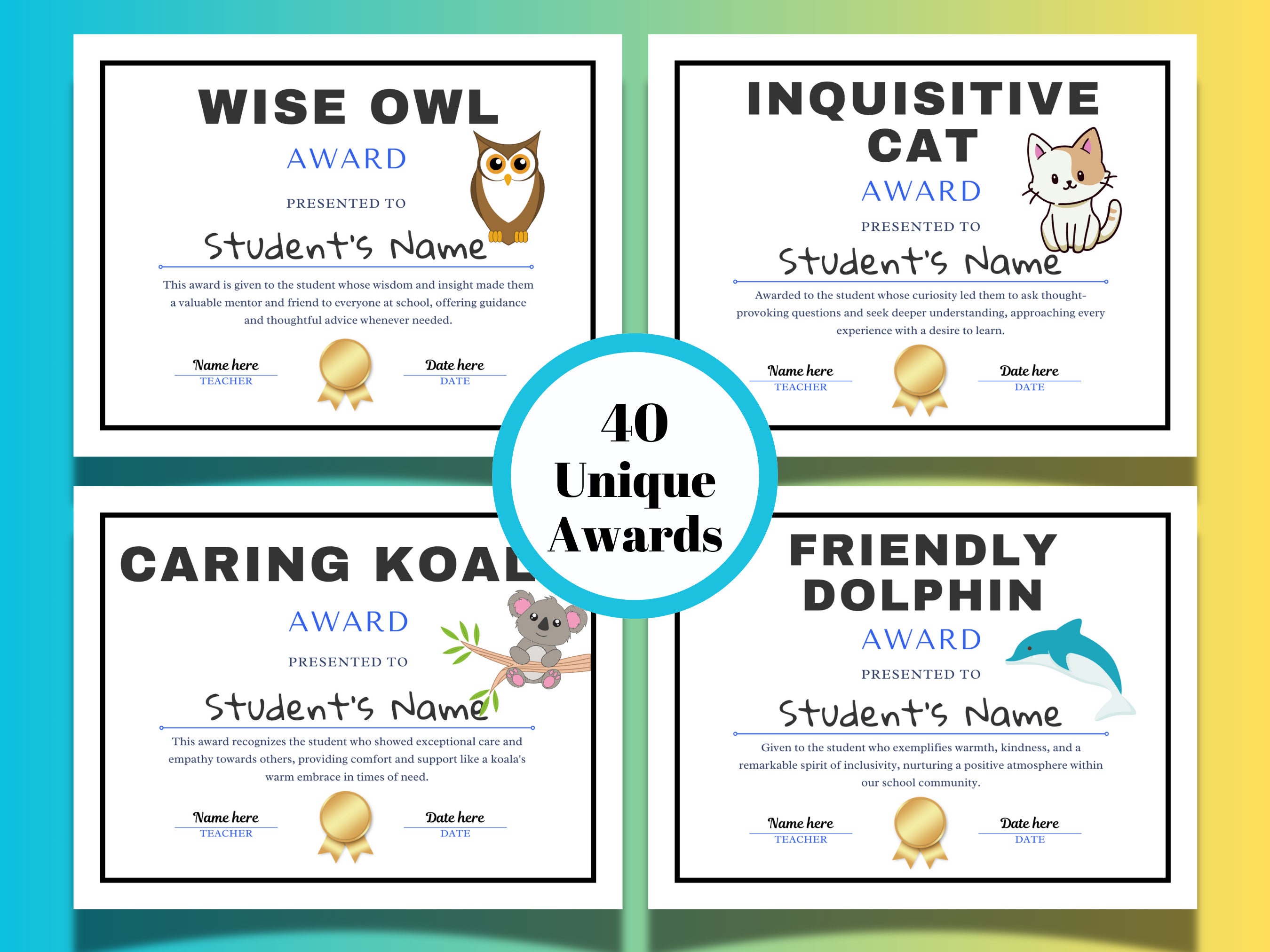 40 Animal Themed Student Award Certificates, Classroom End of Year ...