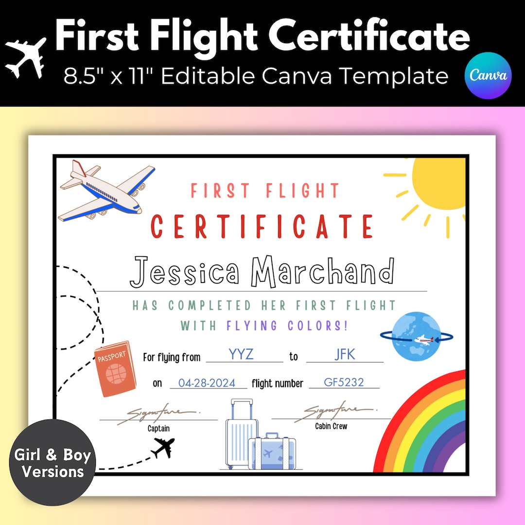 First Flight Certificate for Kids, Toddler's First Flight Award, First ...