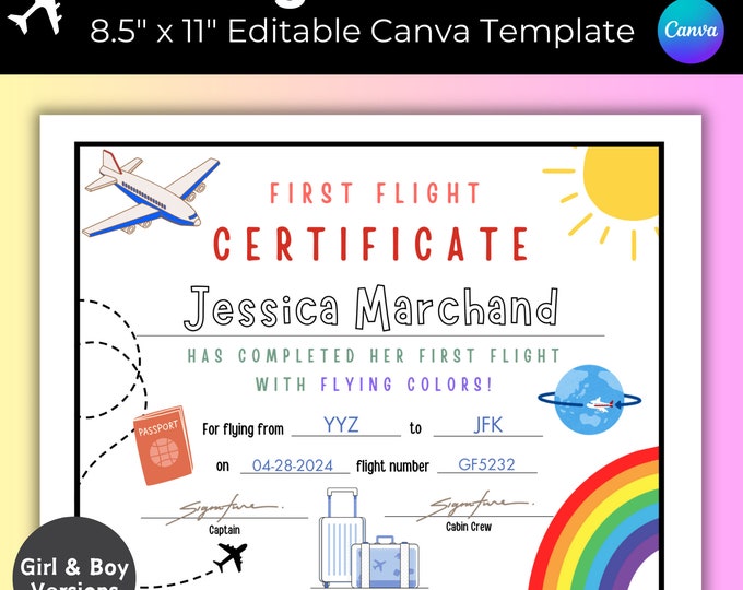 First Flight Certificate for Kids, Toddler's First Flight Award, First ...