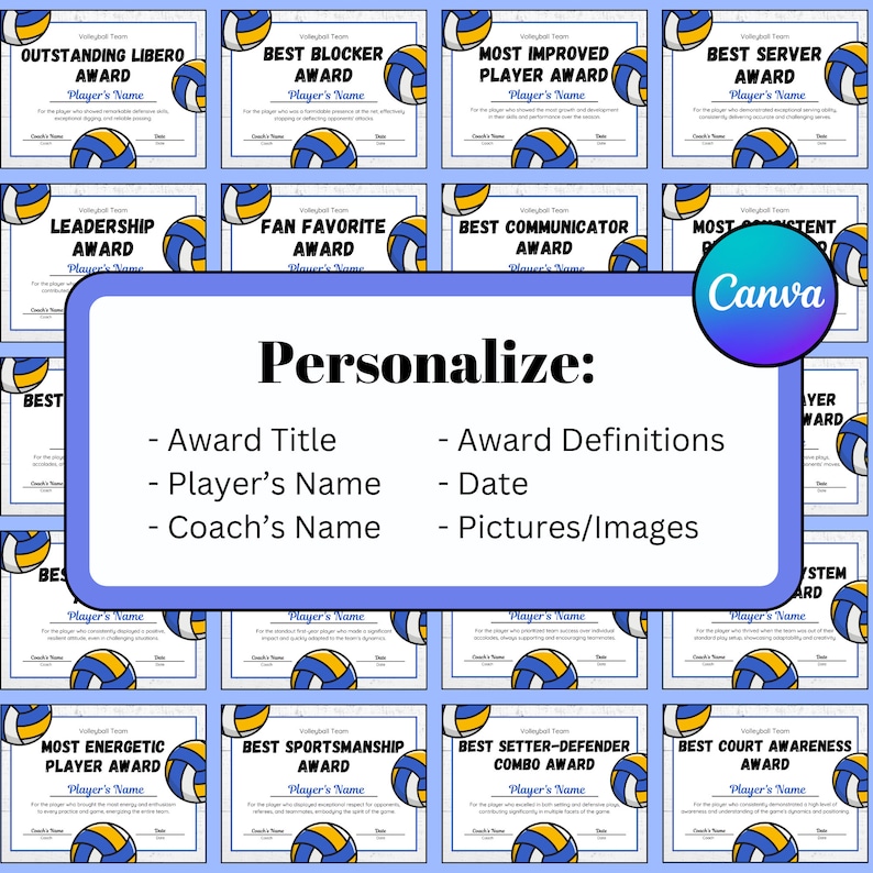 50 Volleyball Award Certificates Editable in Canva, School Volleyball ...