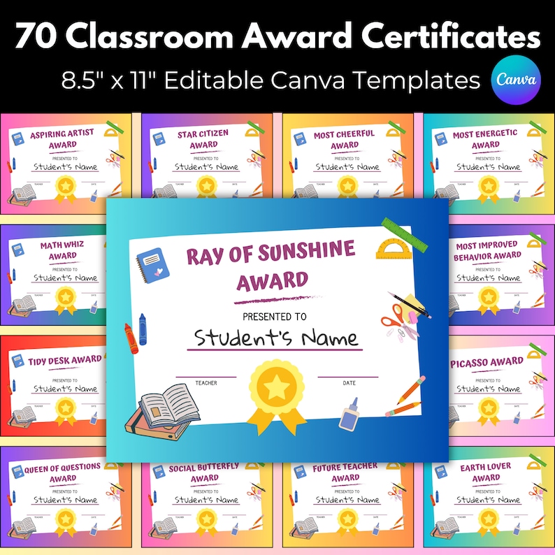 70 Student Award Certificates, Classroom End of Year Certificate ...