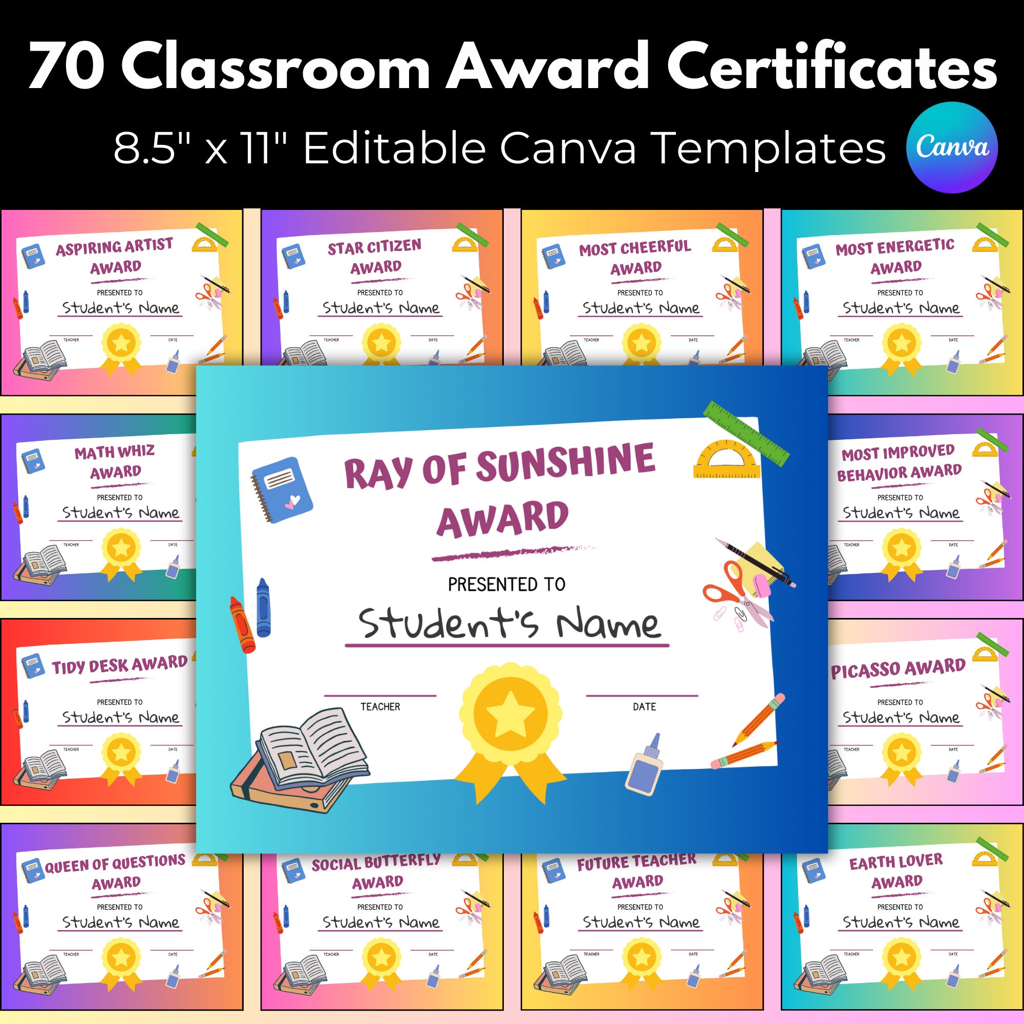 70 Student Award Certificates, Classroom End of Year Certificate ...