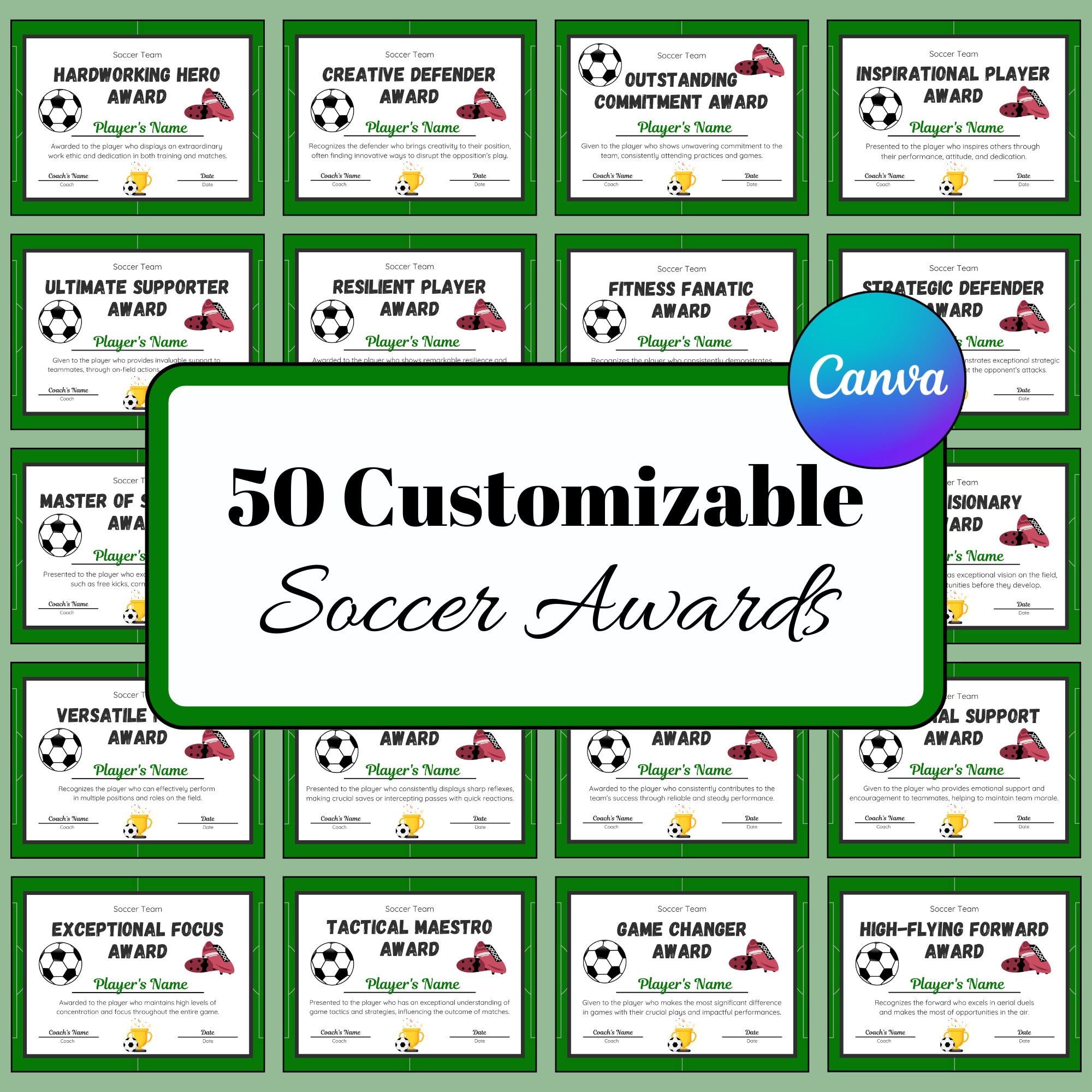 Soccer Award Certificates Editable in Canva, End of Season Soccer Team ...