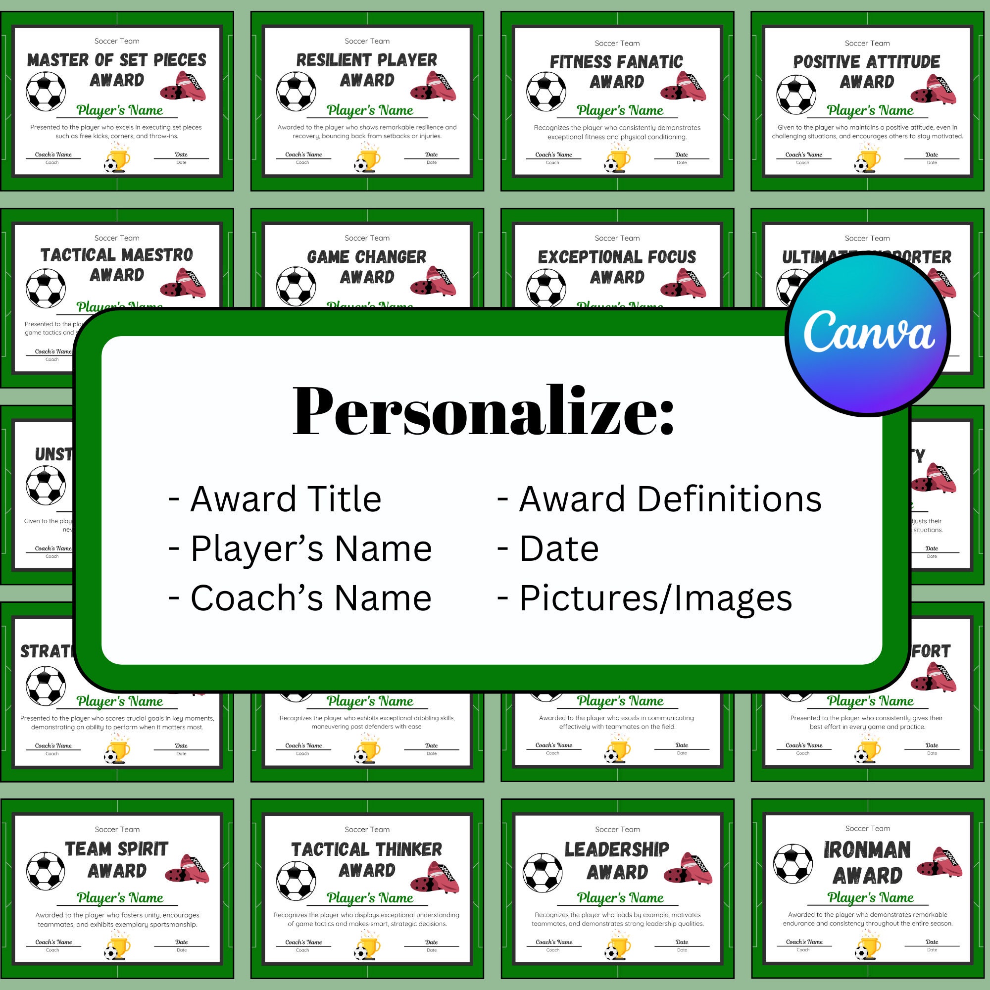 Soccer Award Certificates Editable in Canva, End of Season Soccer Team ...