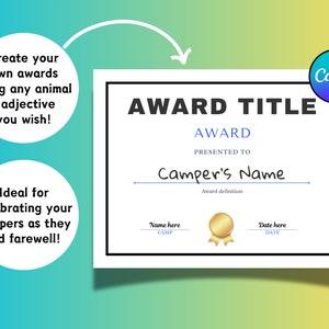40 Customizable Camp Awards, Fun Animal Themed Summer Camp Certificates ...