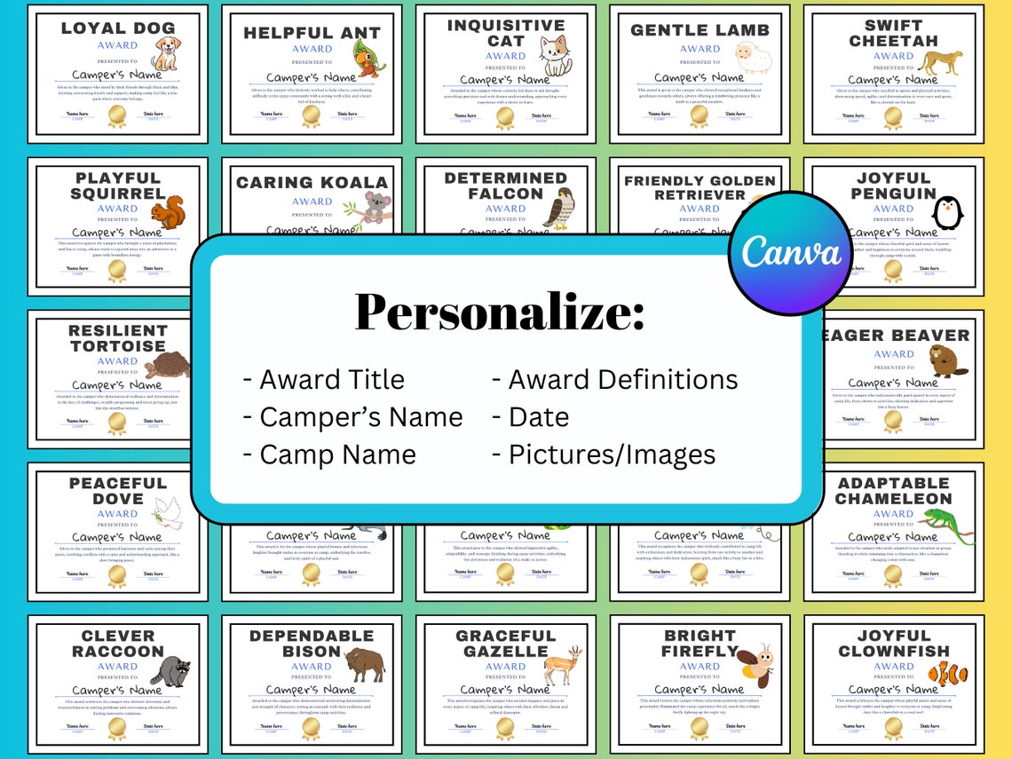40 Customizable Camp Awards, Fun Animal Themed Personalized ...