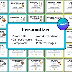 40 Customizable Camp Awards, Fun Animal Themed Personalized ...