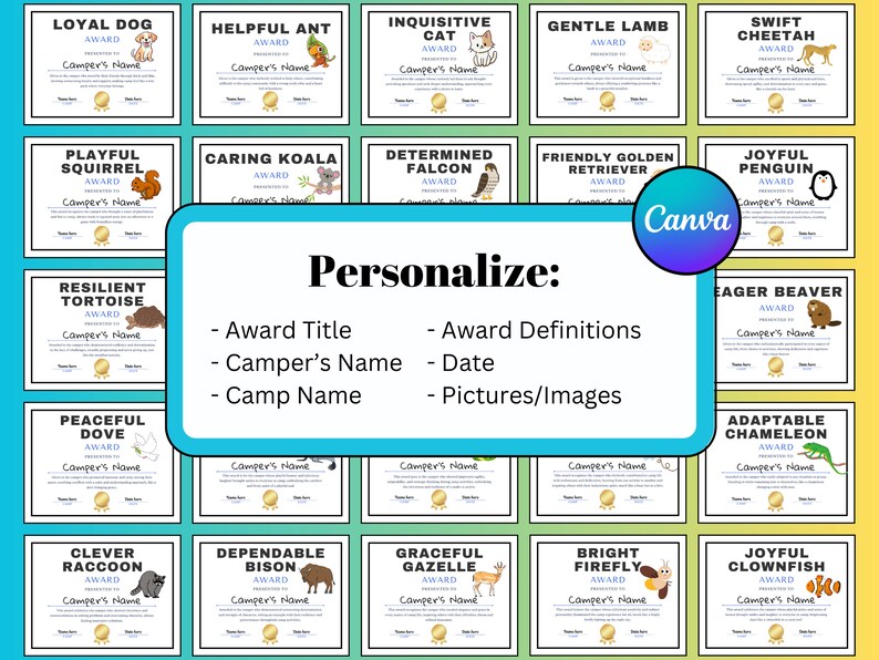 40 Customizable Camp Awards, Fun Animal Themed Personalized ...
