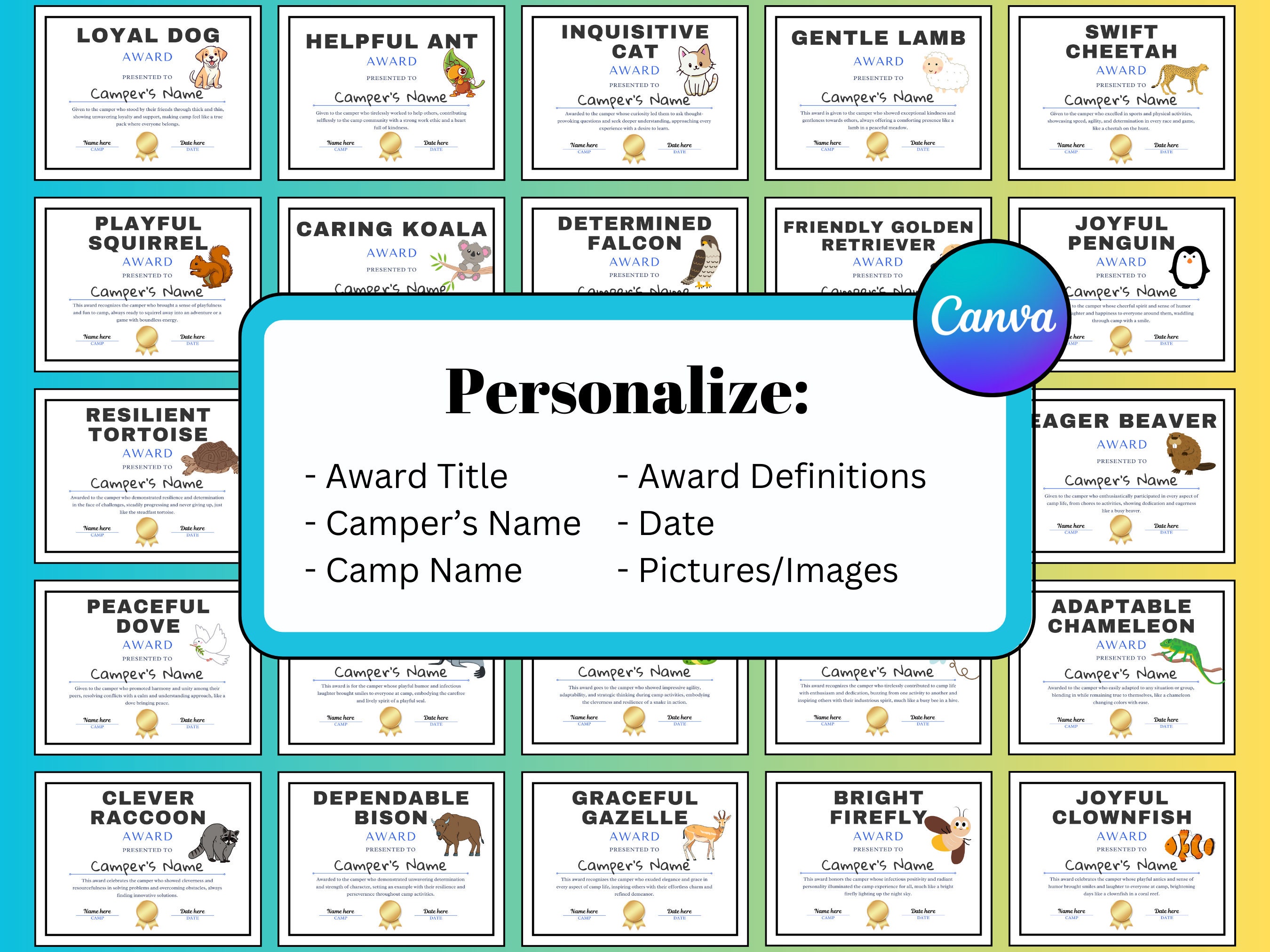 40 Customizable Camp Awards, Fun Animal Themed Personalized ...