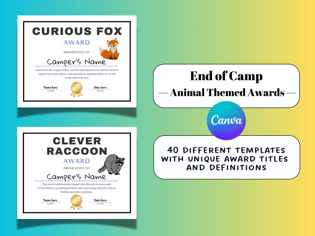 40 Customizable Camp Awards, Fun Animal Themed Summer Camp Certificates ...