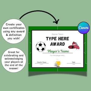 Soccer Award Certificates Editable in Canva, End of Season Soccer Team ...