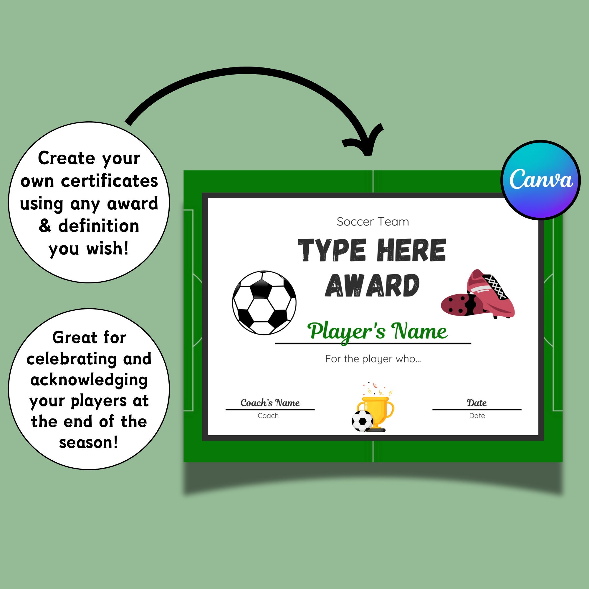 Soccer Award Certificates Editable in Canva, End of Season Soccer Team ...