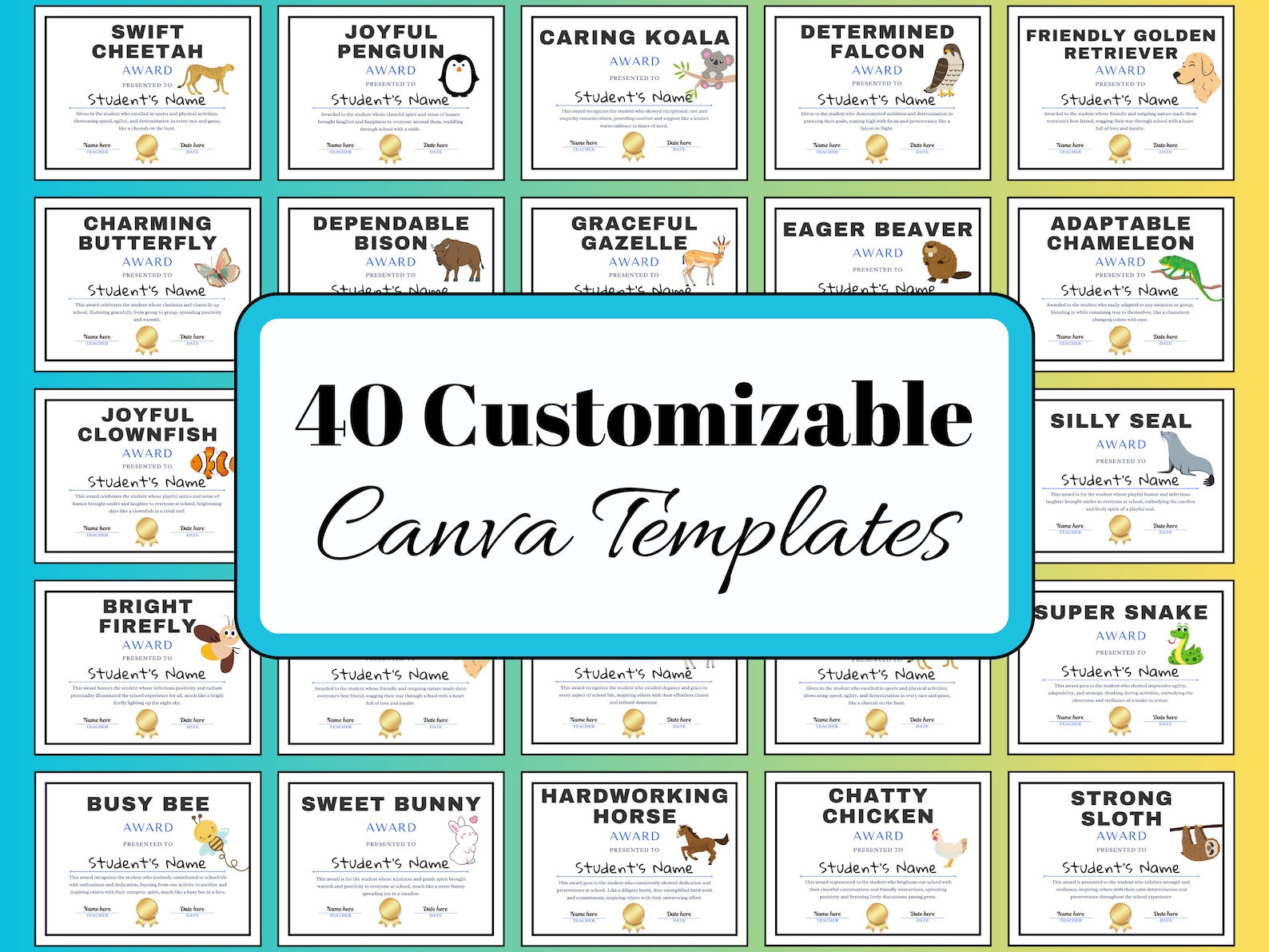 40 Animal Themed Student Award Certificates, Classroom End of Year ...