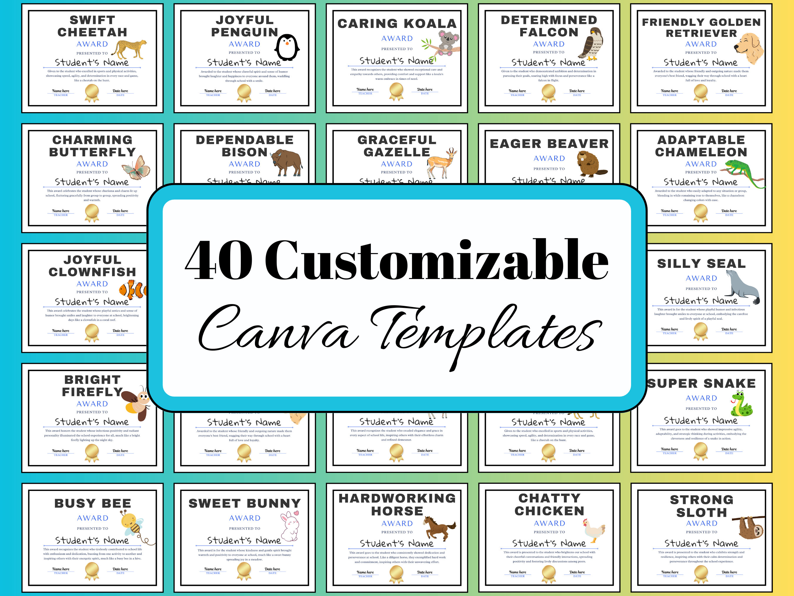 40 Animal Themed Student Award Certificates, Classroom End of Year ...