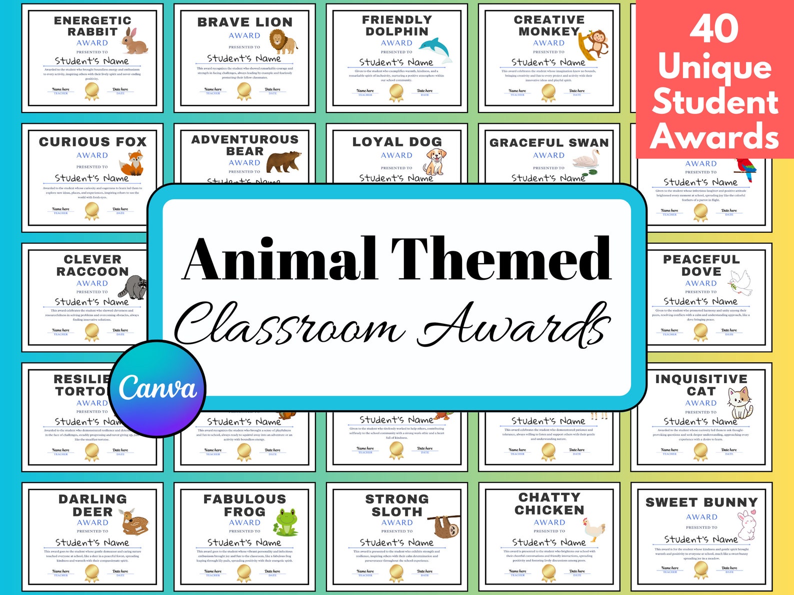 40 Animal Themed Student Award Certificates, Classroom End of Year ...