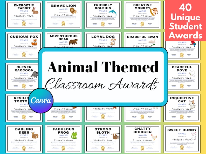 40 Animal Themed Student Award Certificates, Classroom End of Year ...