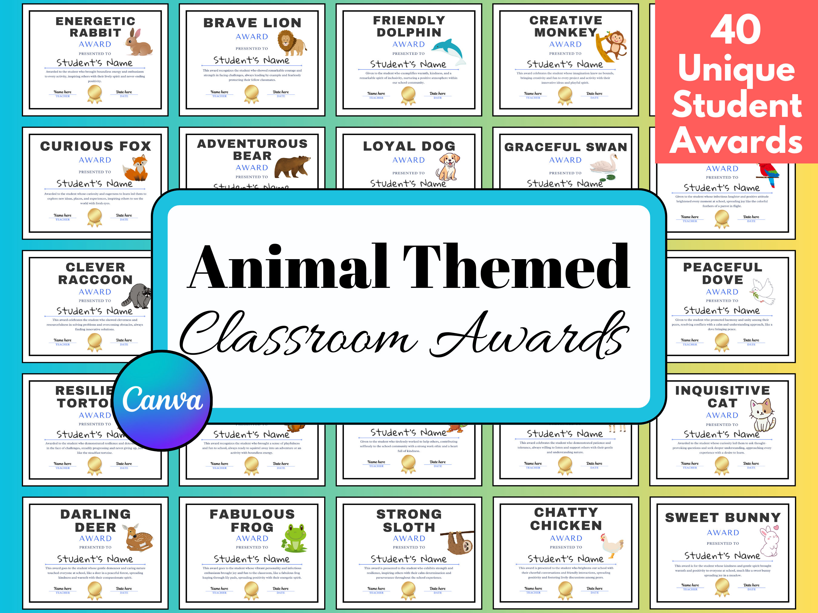 40 Animal Themed Student Award Certificates, Classroom End of Year ...