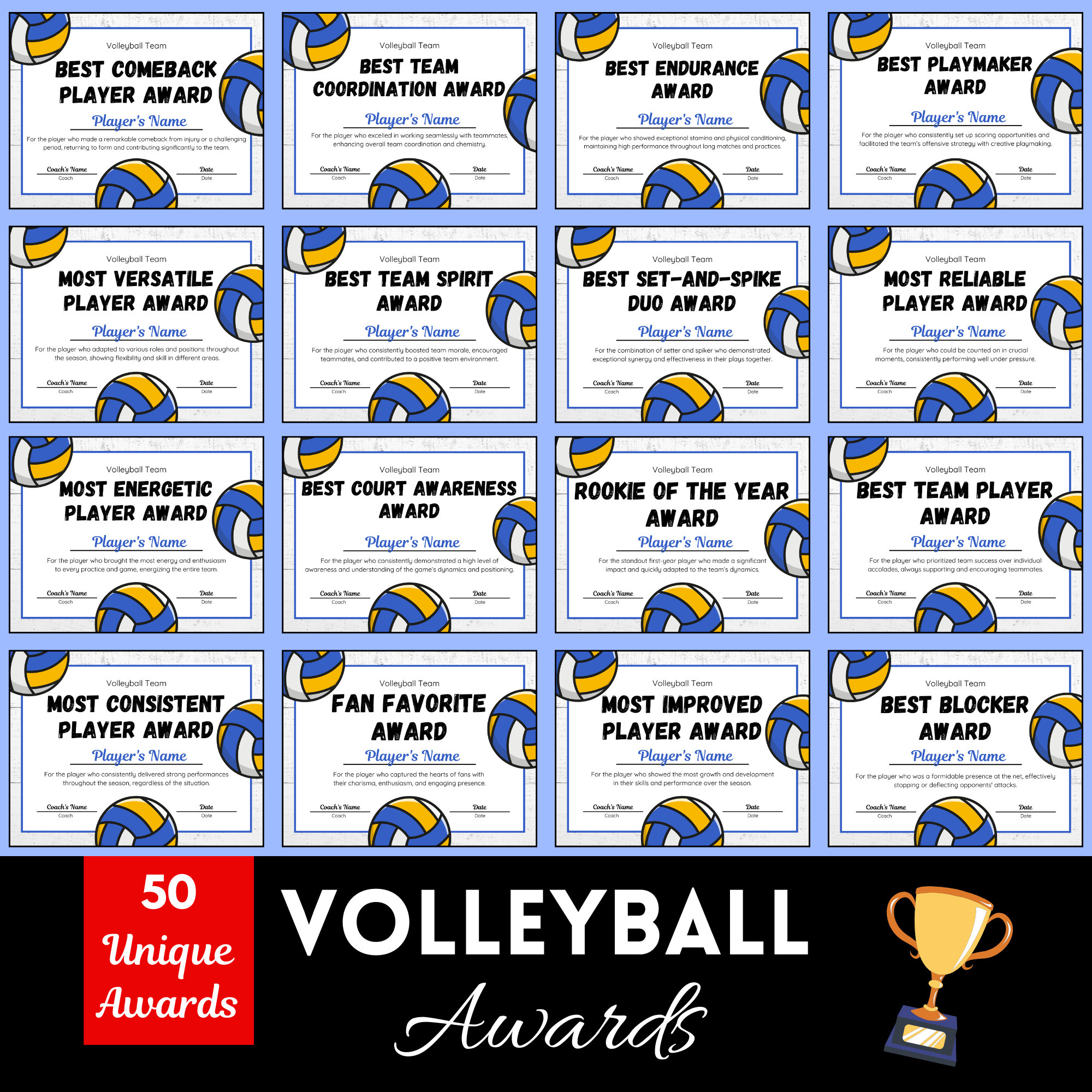 50 Volleyball Award Certificates Editable in Canva, School Volleyball ...