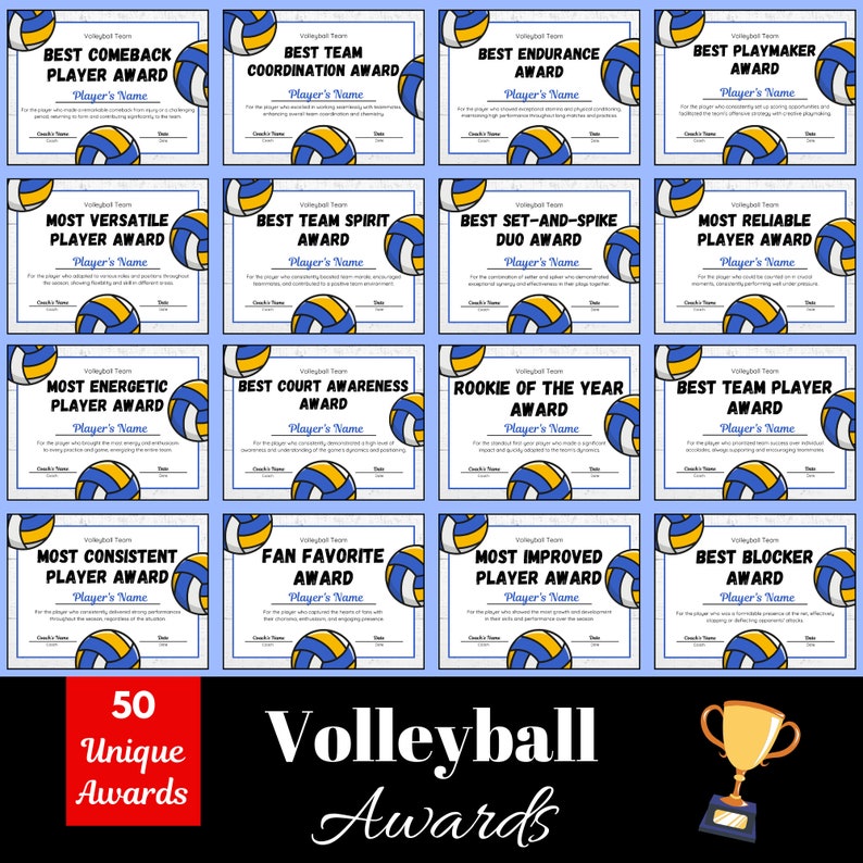 50 Volleyball Award Certificates Editable in Canva, School Volleyball ...