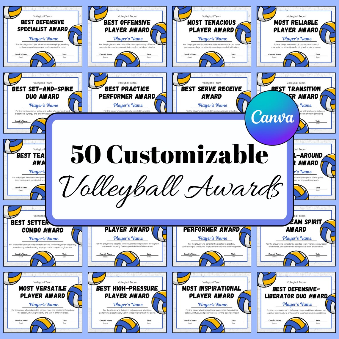50 Volleyball Award Certificates Editable in Canva, School Volleyball ...