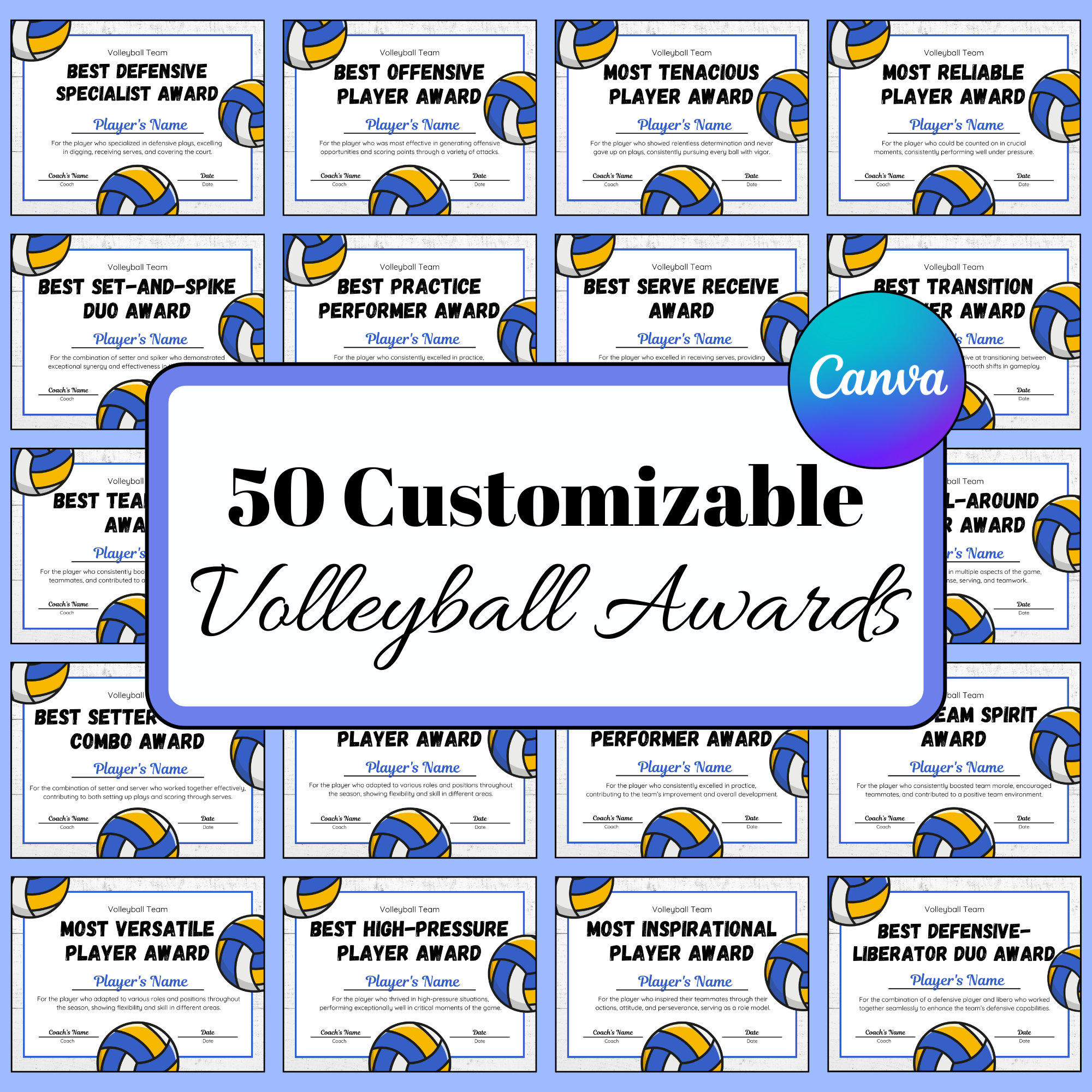 50 Volleyball Award Certificates Editable in Canva, School Volleyball ...