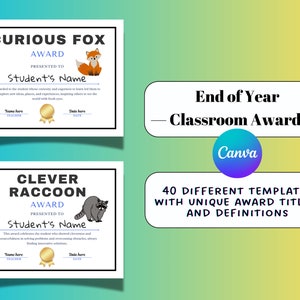 40 Animal Themed Student Award Certificates, Classroom End of Year ...