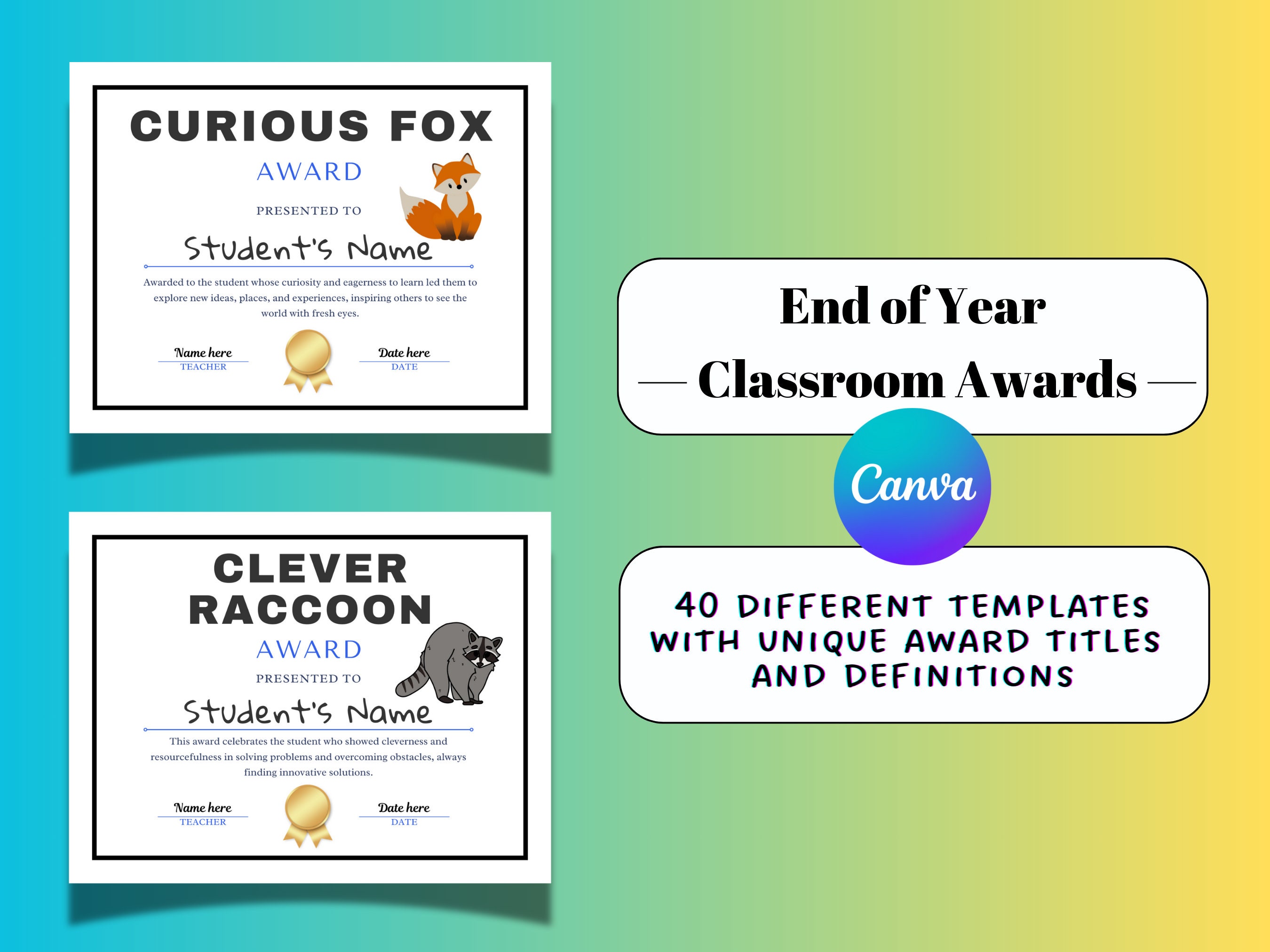 40 Animal Themed Student Award Certificates, Classroom End of Year ...