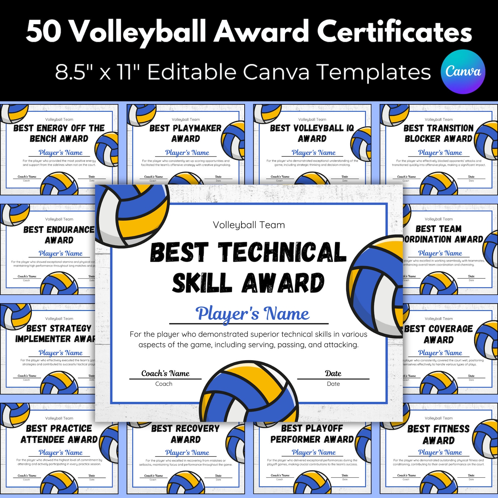 50 Volleyball Award Certificates Editable in Canva, School Volleyball ...
