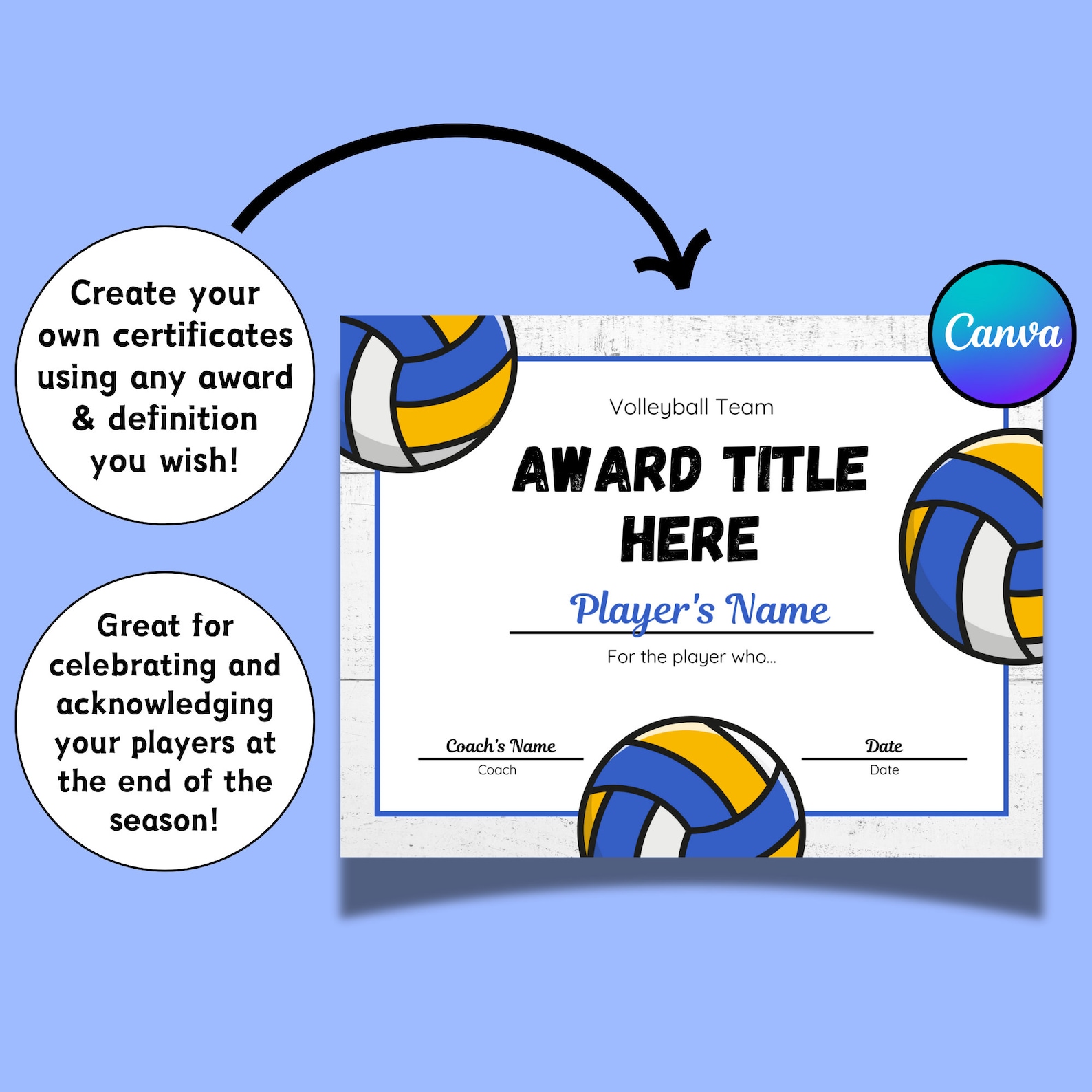 50 Volleyball Award Certificates Editable in Canva, School Volleyball ...
