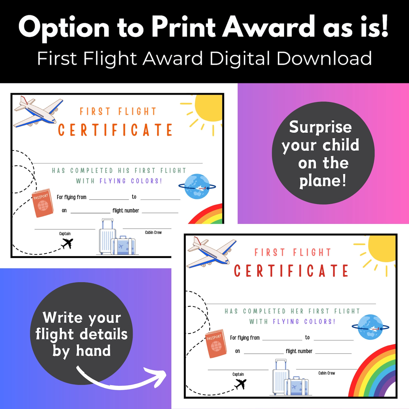 First Flight Certificate for Kids, Toddler's First Flight Award, First ...