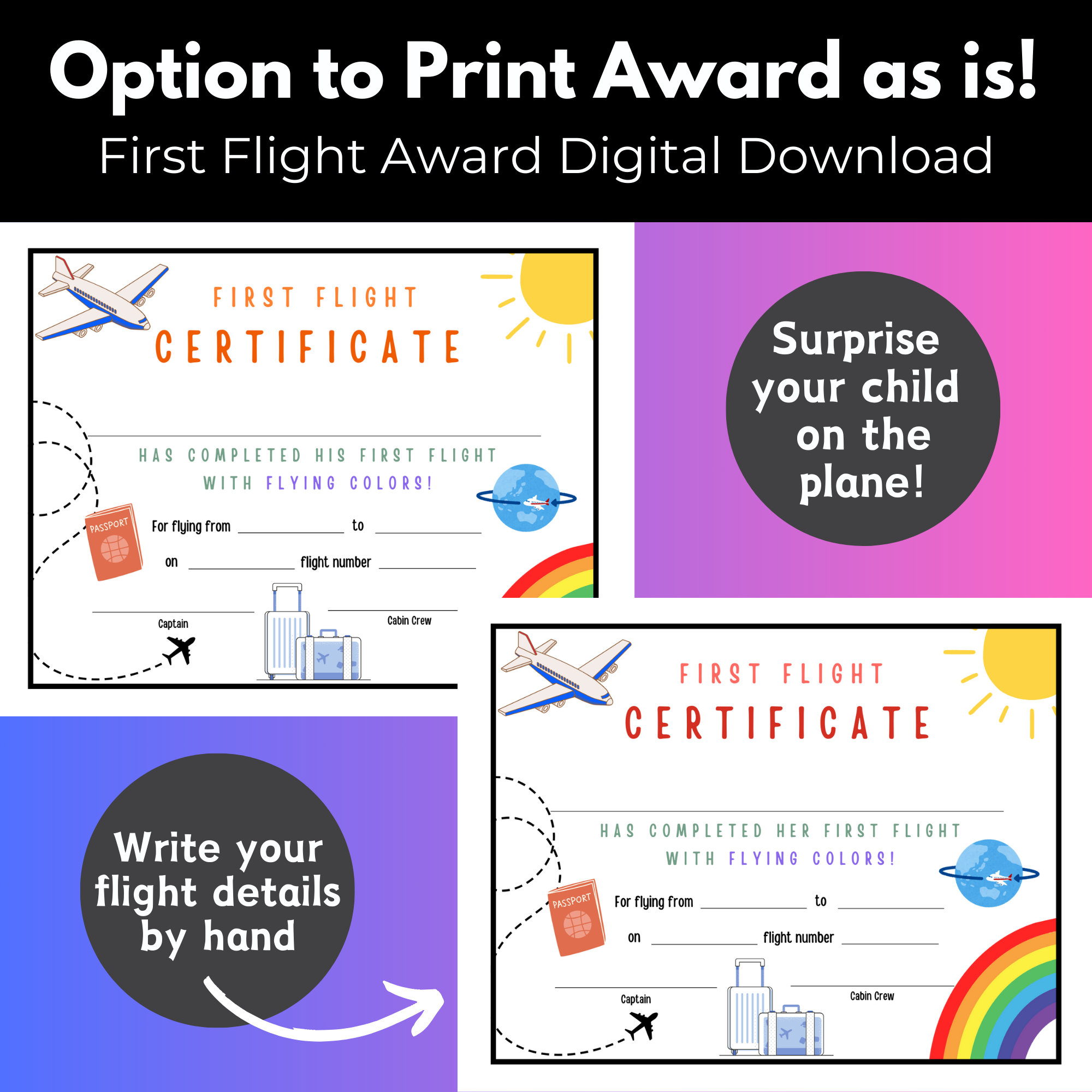 First Flight Certificate for Kids, Toddler's First Flight Award, First ...