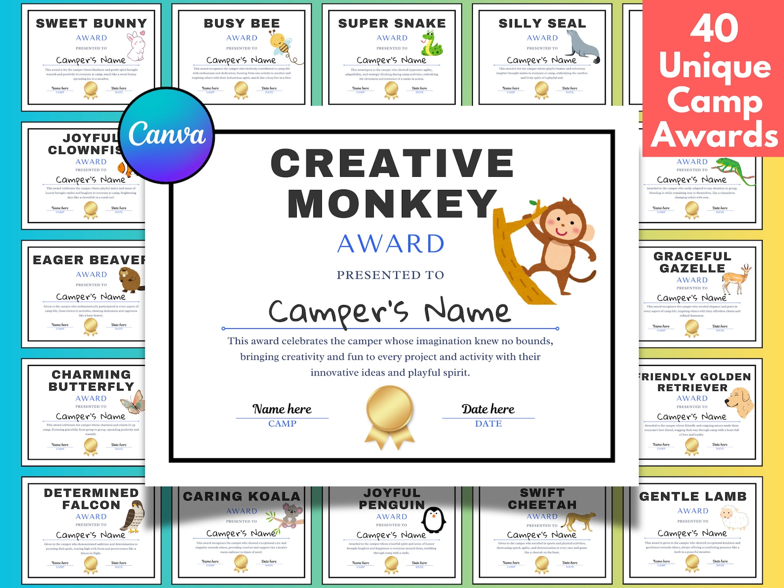 40 Customizable Camp Awards, Fun Animal Themed Summer Camp Certificates ...